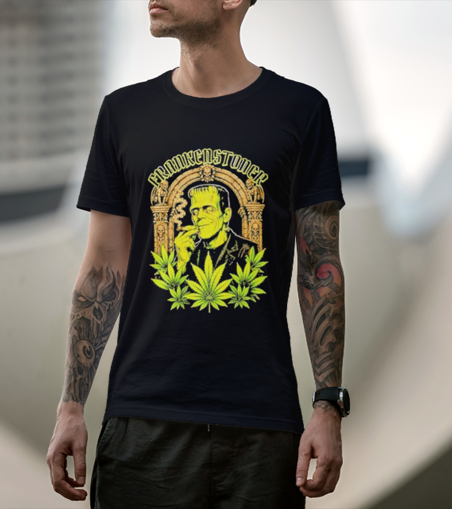 Frankenstoner Frankenstein Marijuana Smoking Arch Skulls T-Shirt