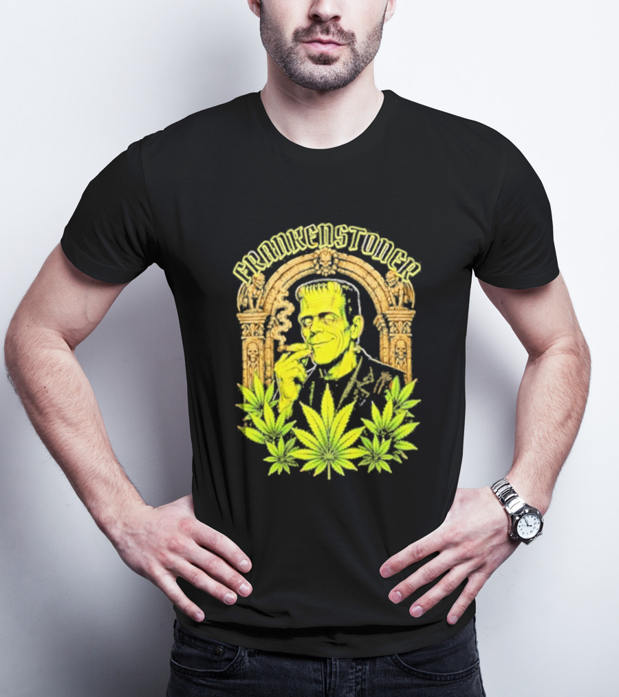 Frankenstoner Frankenstein Marijuana Smoking Arch Skulls T-Shirt