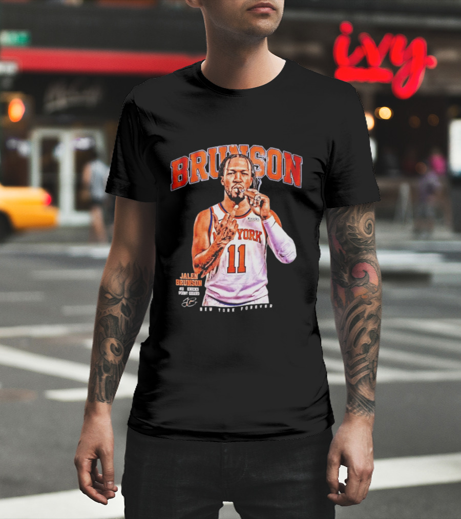 Jalen Brunson Middle Finger New York Knicks NBA Point Guard Brunson 11 Old Yolk Records Knicks T-Shirt