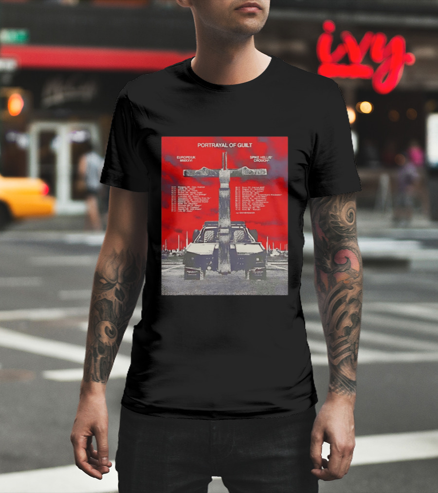 Portrayal Of Guilt Europe UK MMXXVI Spike Hellis Crouch Oathbreaker Tour Dates Tire Tracks Industrial Red T-Shirt