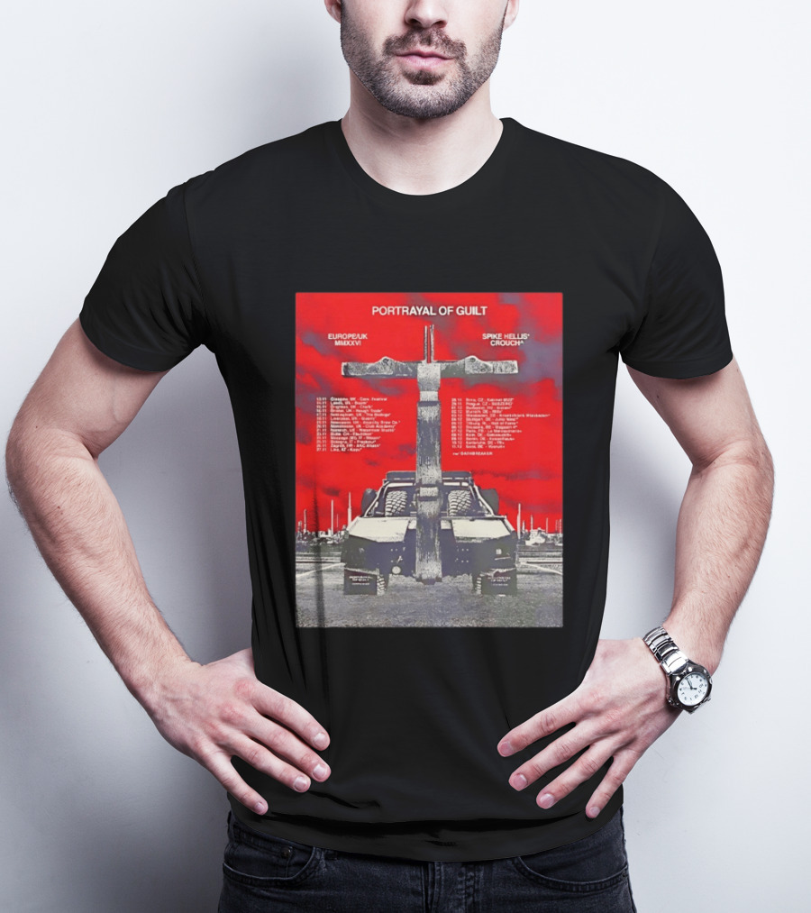 Portrayal Of Guilt Europe UK MMXXVI Spike Hellis Crouch Oathbreaker Tour Dates Tire Tracks Industrial Red T-Shirt