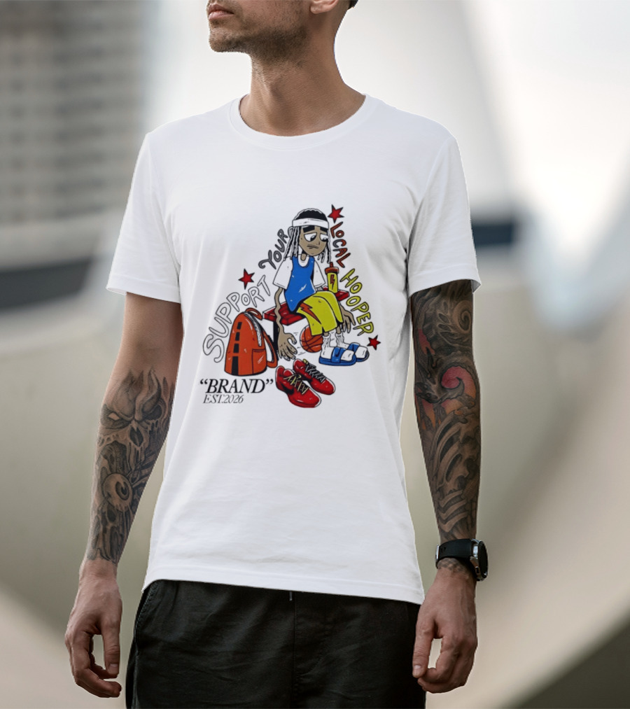 Support Your Local Hooper Cartoon Basketball Player Backpack Red Shoes Brand Est 2026 T-Shirt