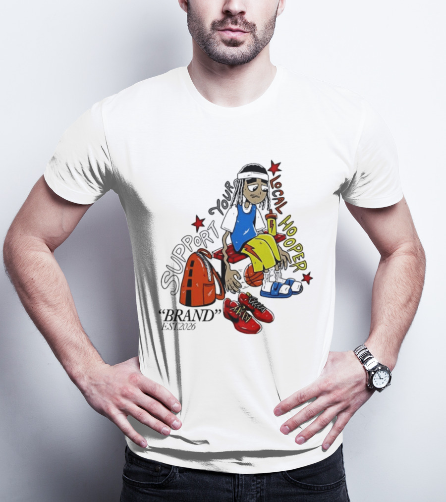 Support Your Local Hooper Cartoon Basketball Player Backpack Red Shoes Brand Est 2026 T-Shirt