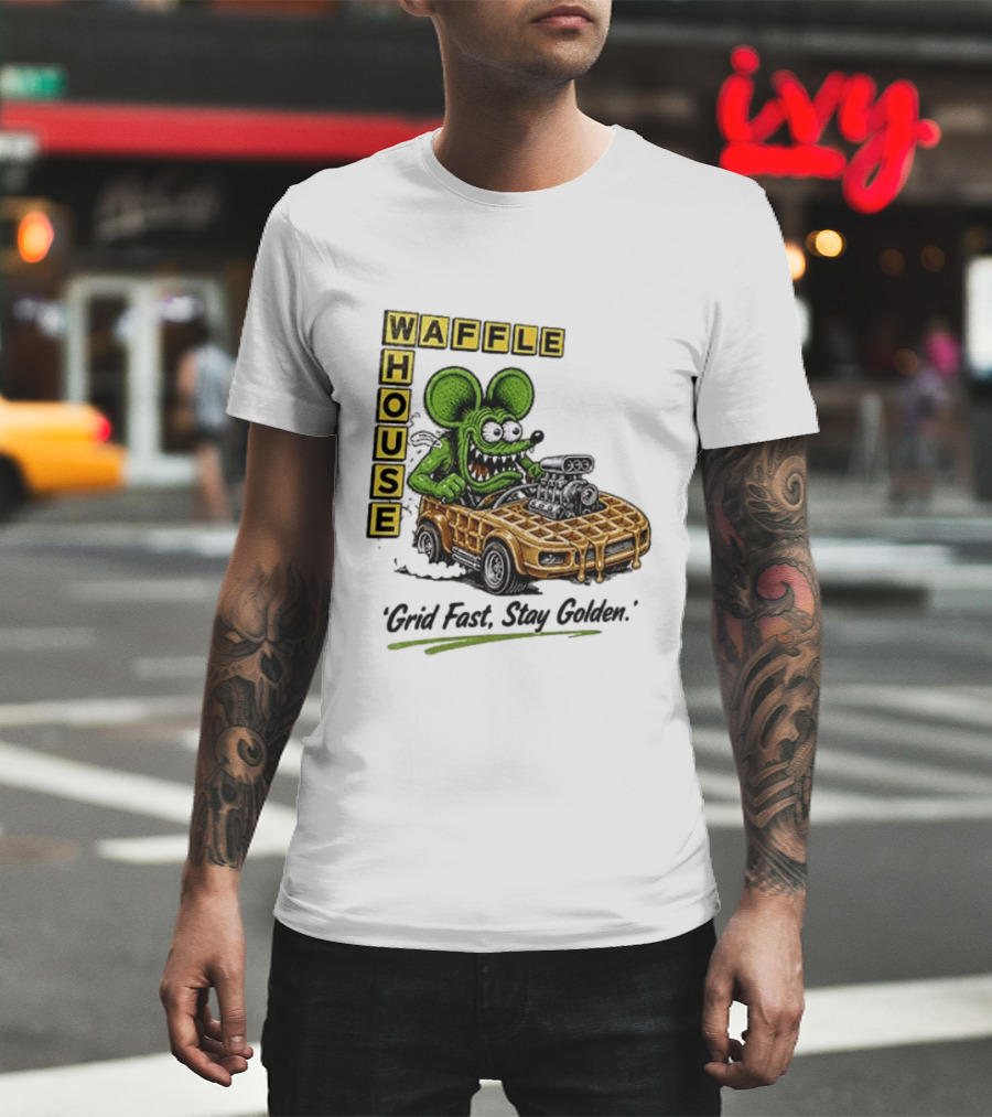 Rat Fink Waffle House Grid Fast Stay Golden Car Racer T-Shirt
