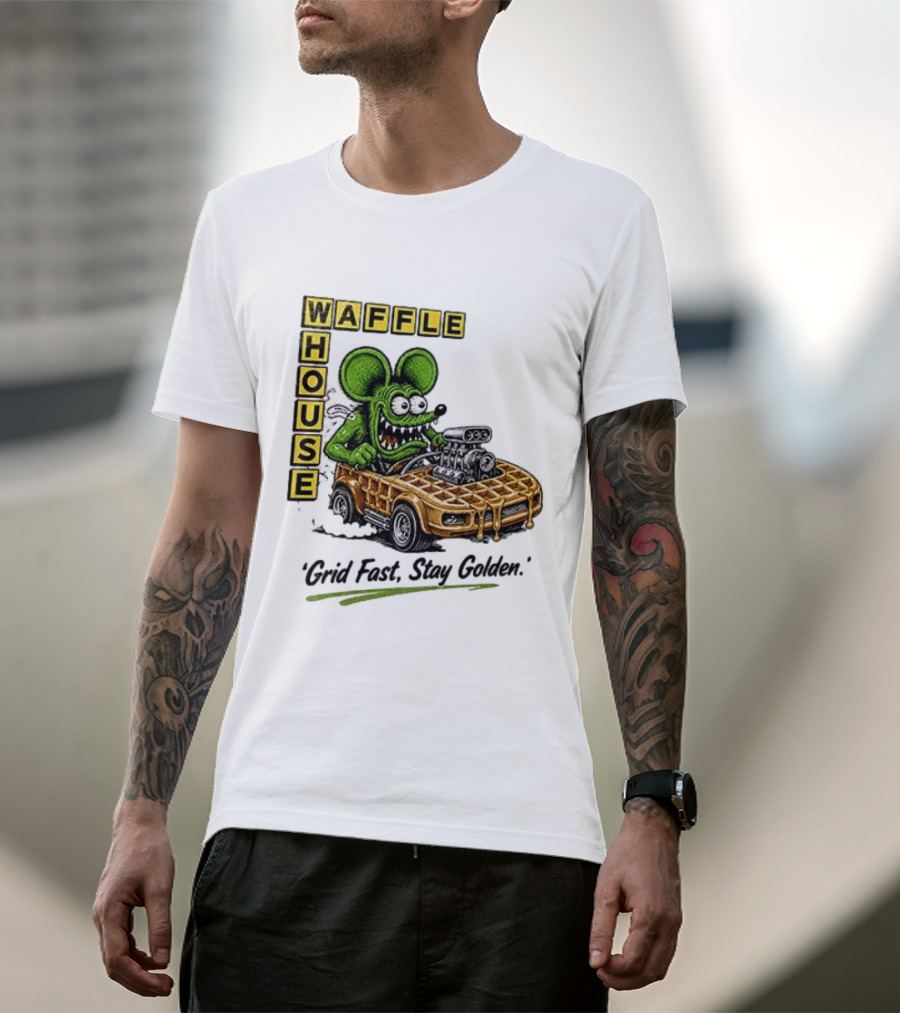 Rat Fink Waffle House Grid Fast Stay Golden Car Racer T-Shirt
