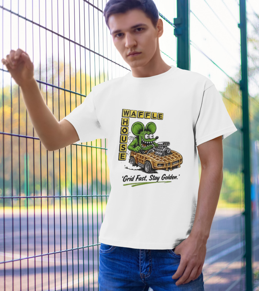 Rat Fink Waffle House Grid Fast Stay Golden Car Racer T-Shirt