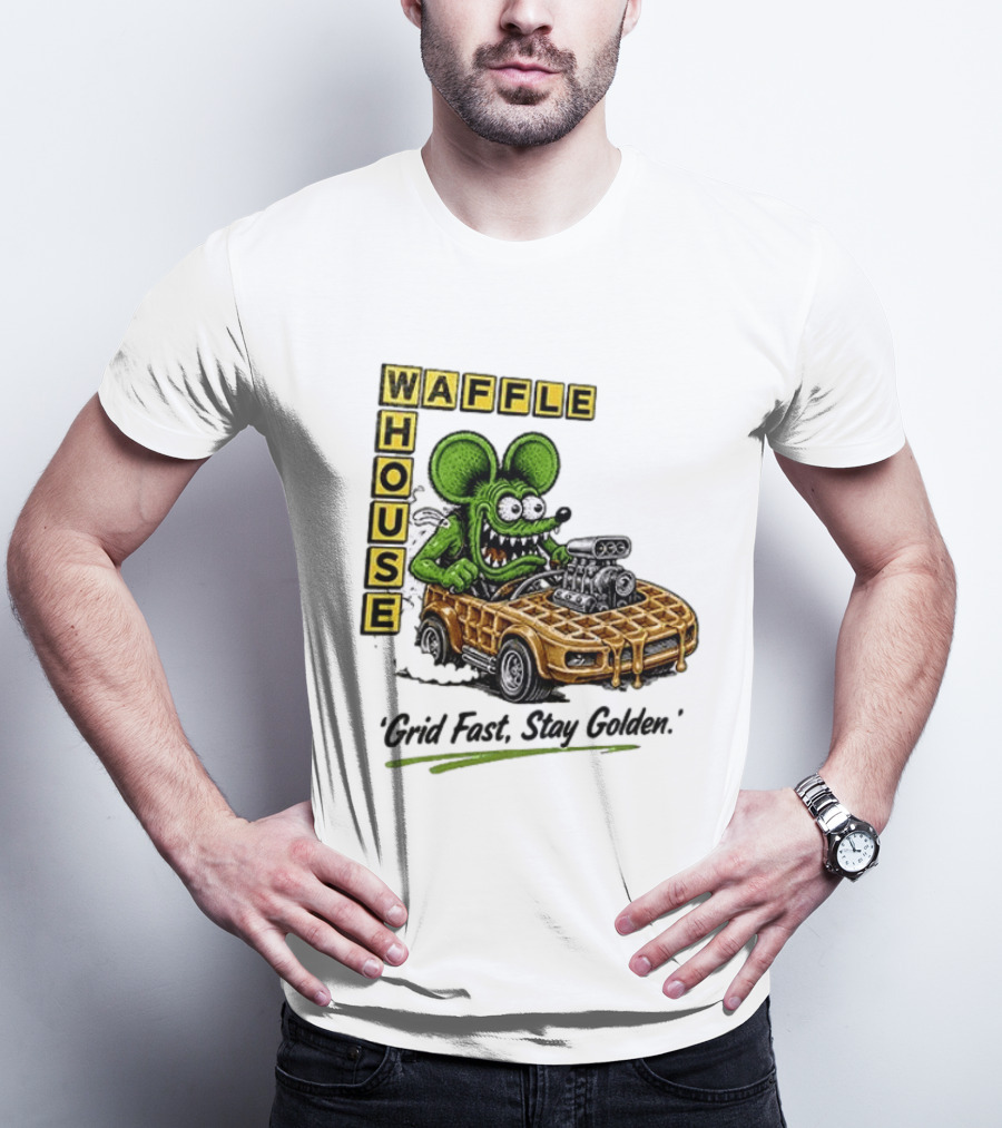 Rat Fink Waffle House Grid Fast Stay Golden Car Racer T-Shirt