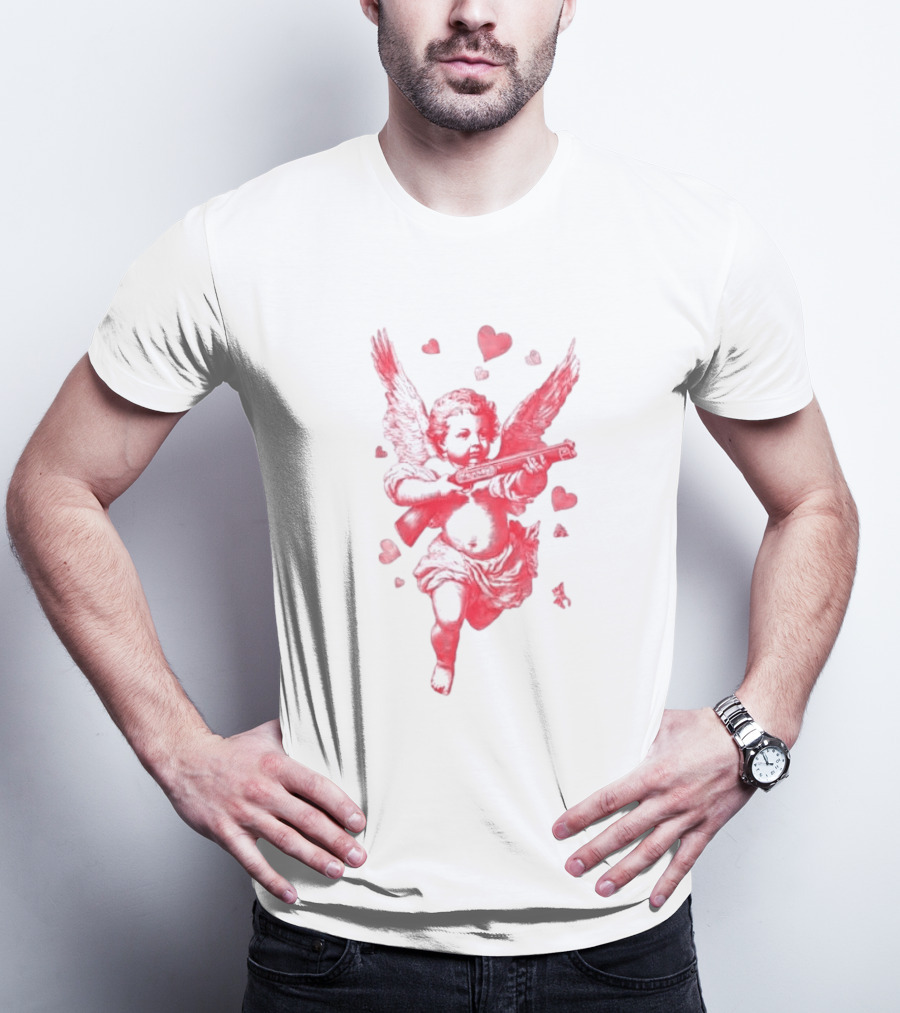 Red Pink Cherub Cupid Shotgun Hearts Clouds T-Shirt