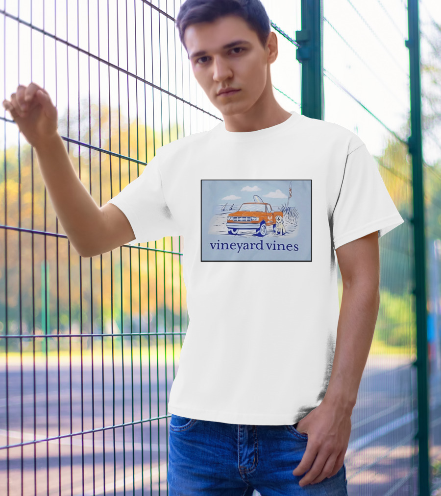 Vineyard Vines Beach Dog And Surf Truck Scene With Golden Retriever T-Shirt