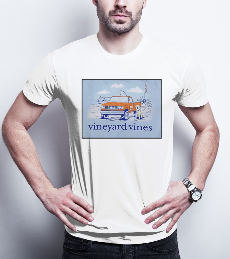 Vineyard Vines Beach Dog And Surf Truck Scene With Golden Retriever T-Shirt