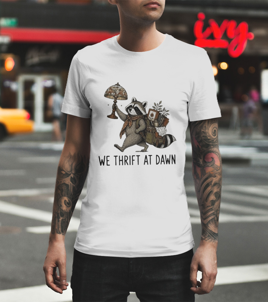 Raccoon With Backpack And Lamp We Thrift At Dawn T-Shirt