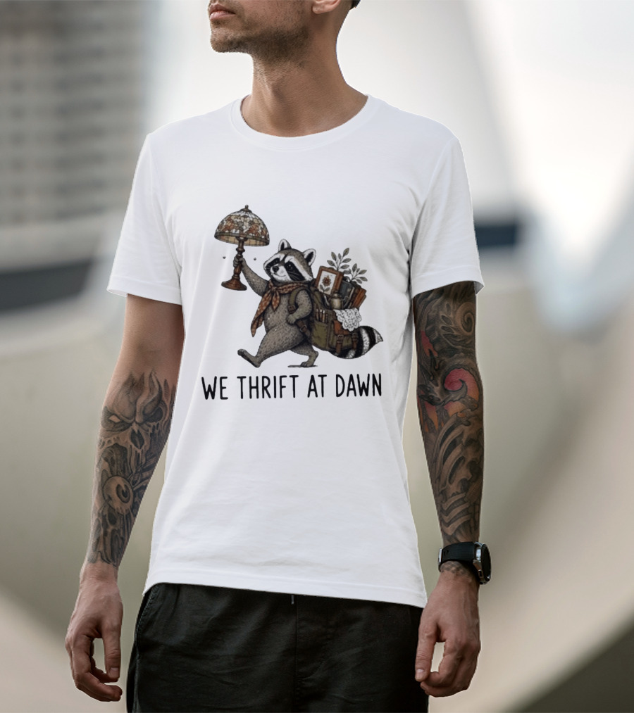 Raccoon With Backpack And Lamp We Thrift At Dawn T-Shirt