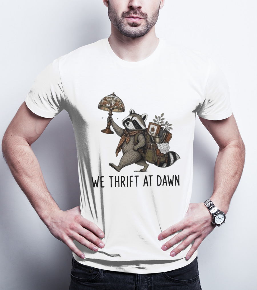 Raccoon With Backpack And Lamp We Thrift At Dawn T-Shirt