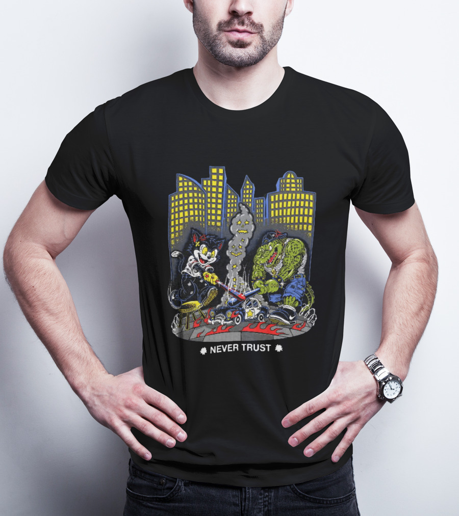 Cat And Crocodile In City Never Trust Police Car Cartoon Scene T-Shirt