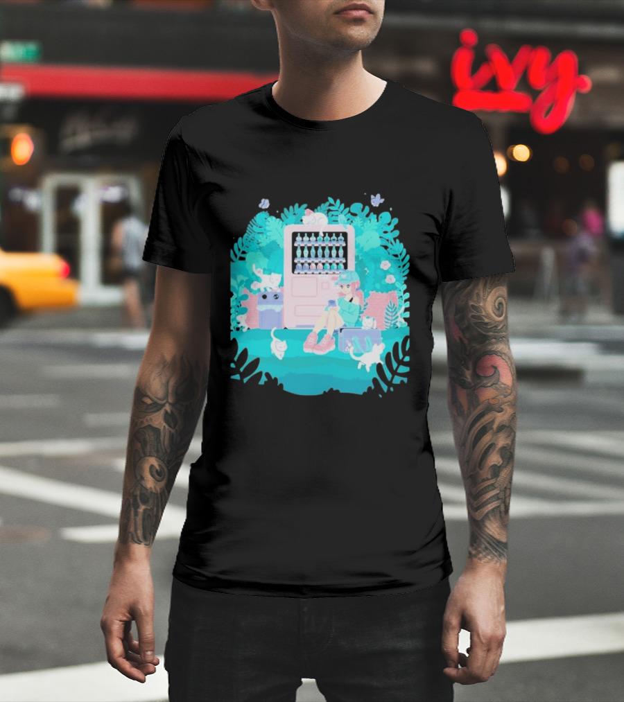 Cat Vending Machine Pastel Aesthetic With Sitting Girl And Cats T-Shirt