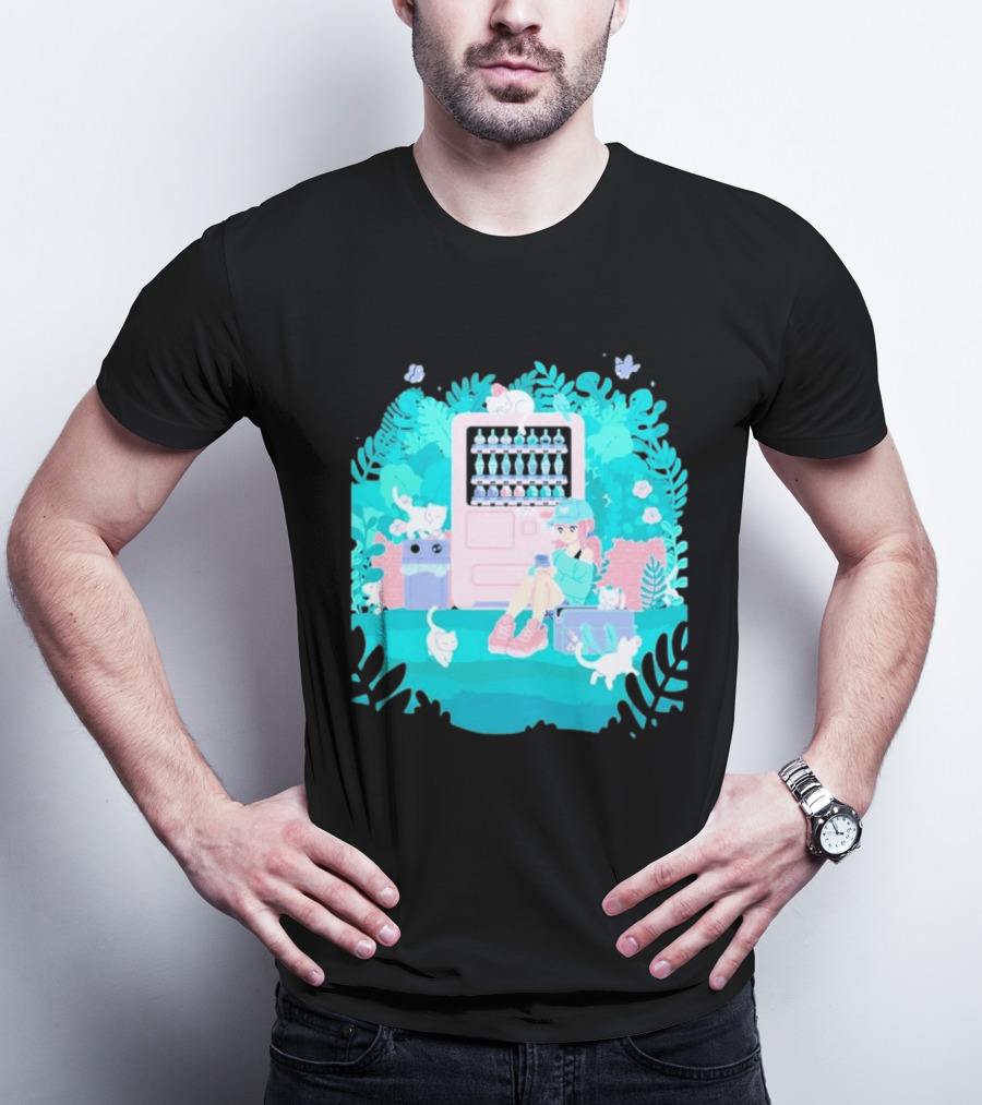 Cat Vending Machine Pastel Aesthetic With Sitting Girl And Cats T-Shirt