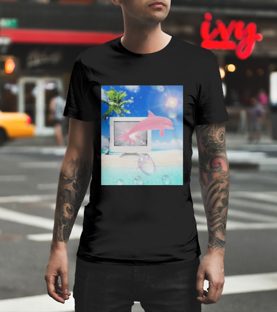 Frutiger Aero Y2k Vaporwave Palm Tree Pink Dolphin Cyberpunk Aesthetic T-Shirt