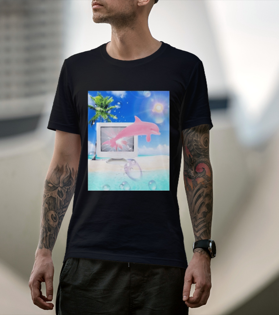 Frutiger Aero Y2k Vaporwave Palm Tree Pink Dolphin Cyberpunk Aesthetic T-Shirt