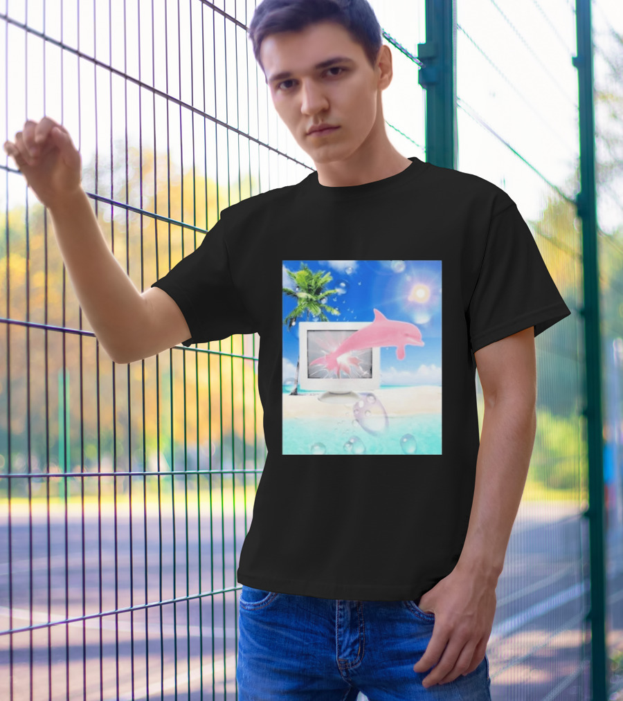 Frutiger Aero Y2k Vaporwave Palm Tree Pink Dolphin Cyberpunk Aesthetic T-Shirt