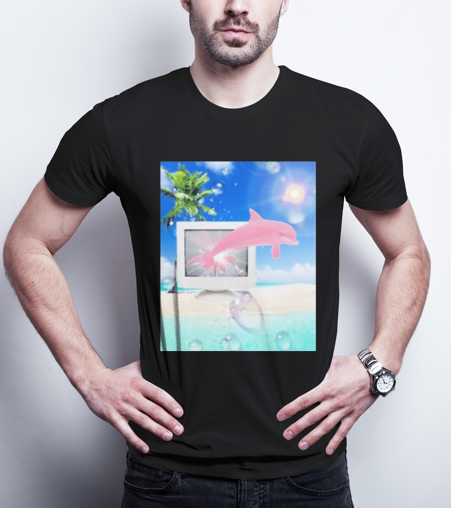 Frutiger Aero Y2k Vaporwave Palm Tree Pink Dolphin Cyberpunk Aesthetic T-Shirt