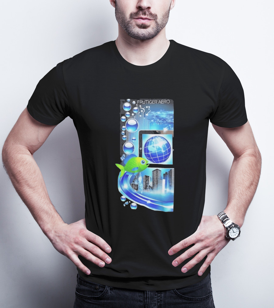 Frutiger Aero Y2K Global Tech Cityscape With Digital Fish And Blue T-Shirt