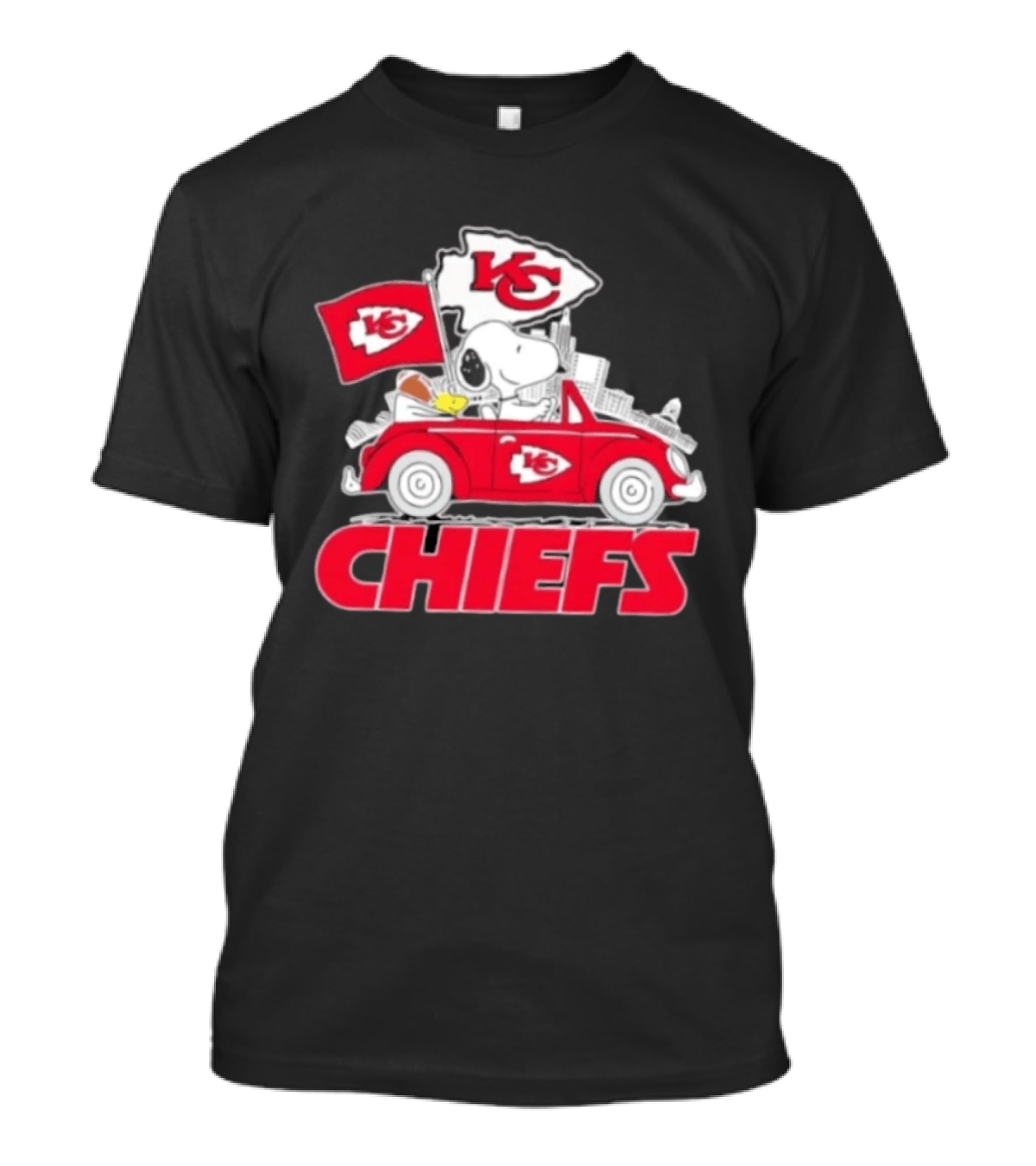 Snoopy Driving Kansas City Chiefs Car With Skyline And Flag T-Shirt