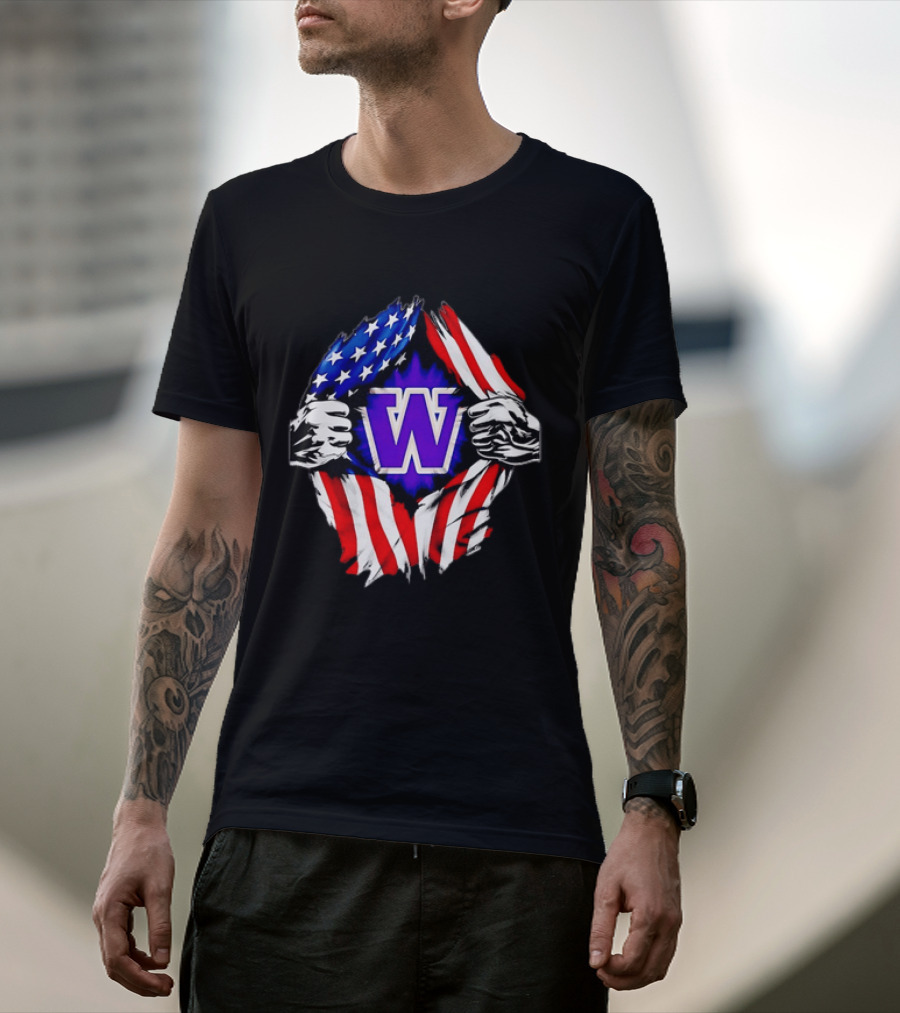 Washington Huskies W Logo American Flag Ripped Chest T-Shirt