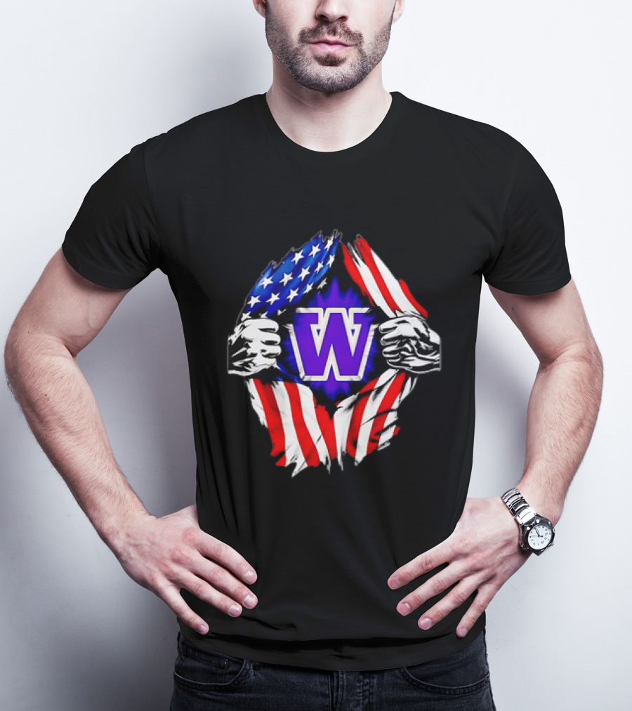Washington Huskies W Logo American Flag Ripped Chest T-Shirt