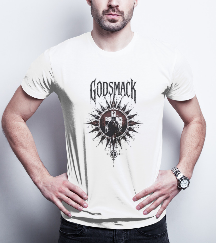 Godsmack X Jesus I Stand Before God Not Perfect Just Forgiven Christian Rock Cross Sun T-Shirt