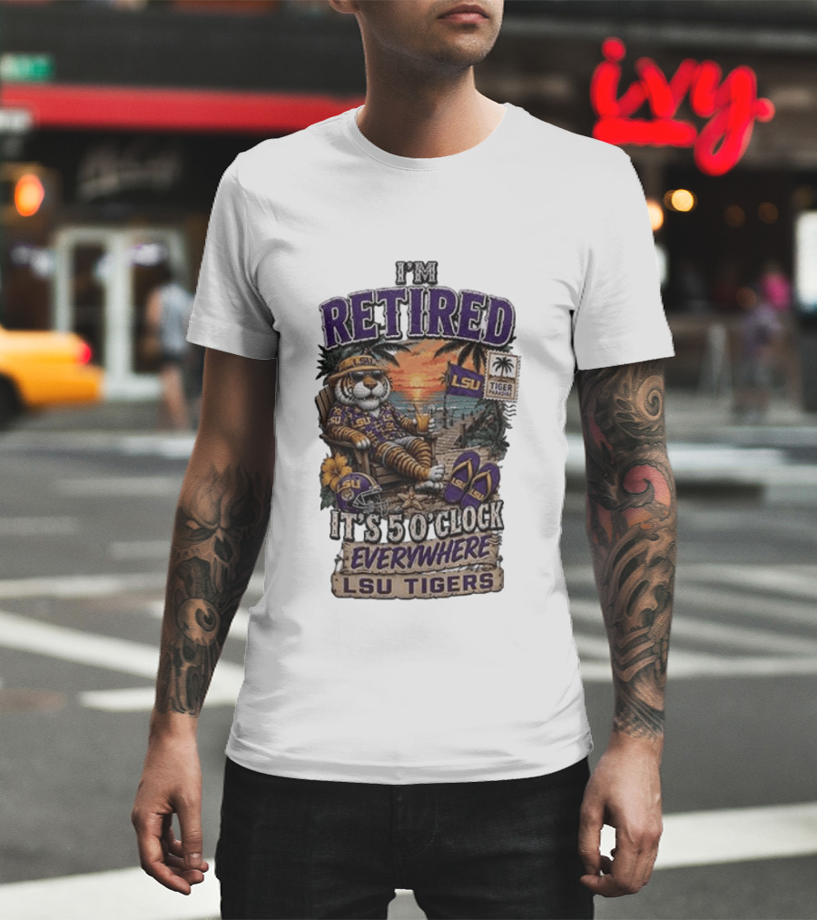 LSU Tigers I'm Retired It's 5 O' Everywhere Beach Relaxation With Palm Trees And Sunset T-Shirt
