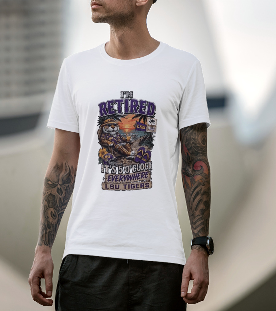 LSU Tigers I'm Retired It's 5 O' Everywhere Beach Relaxation With Palm Trees And Sunset T-Shirt