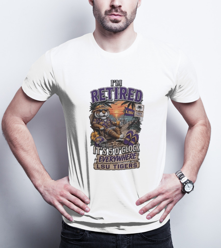 LSU Tigers I'm Retired It's 5 O' Everywhere Beach Relaxation With Palm Trees And Sunset T-Shirt