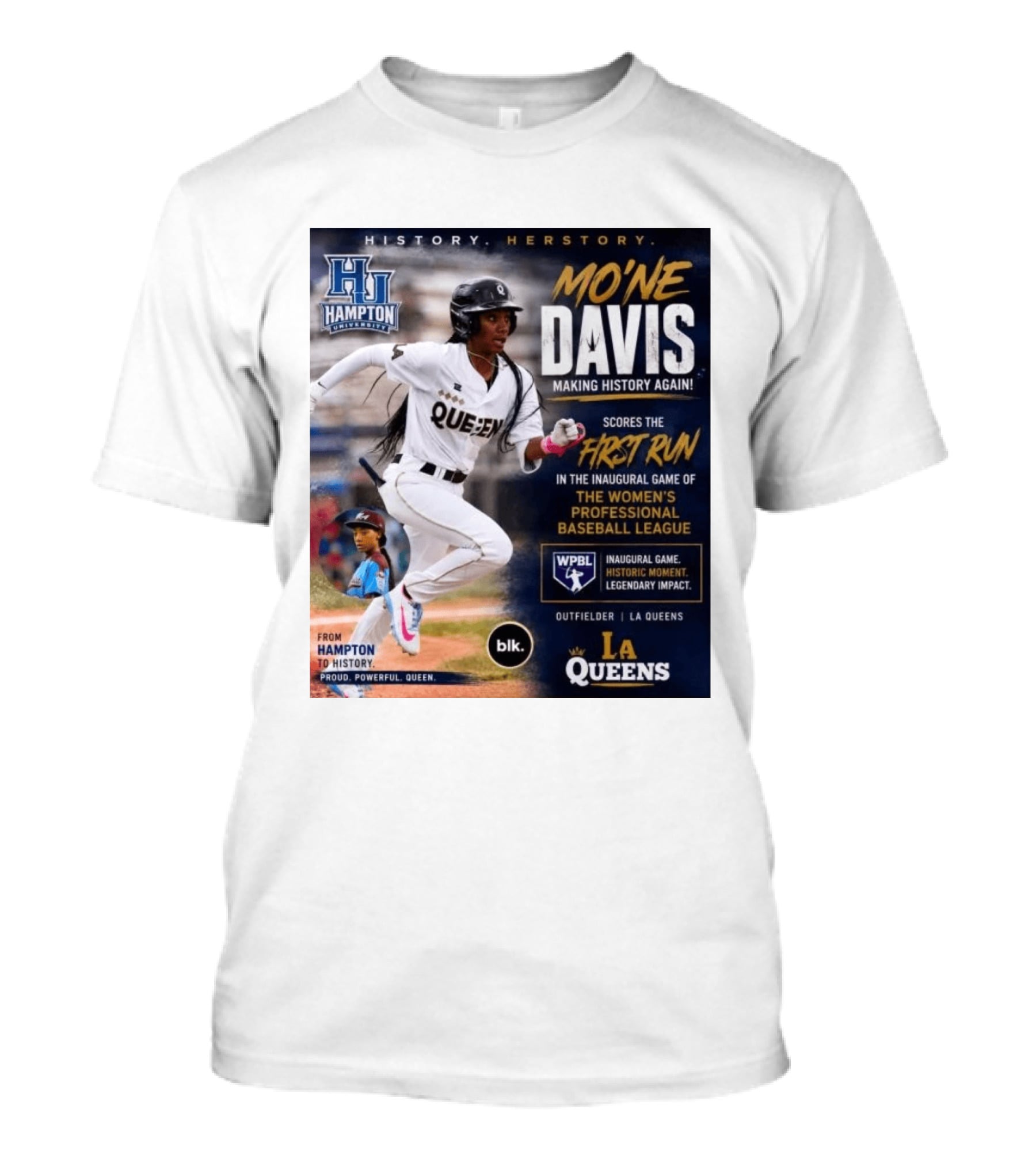 Mo'ne Davis First Run Inaugural Women's Professional Baseball League LA Queens Hampton History T-Shirt