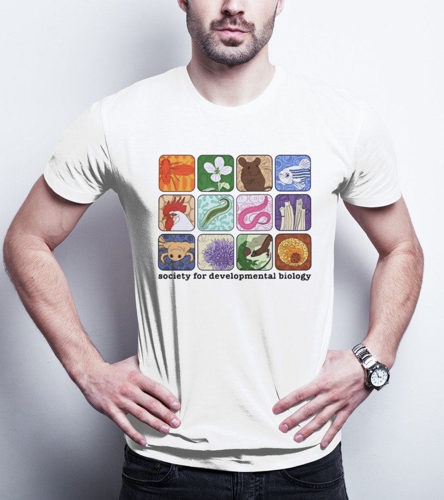 Society For Developmental Biology Model Organisms Collage Fly Plant Mouse Fish Chicken Worm Frog Plant Embryo Egg Cell T-Shirt