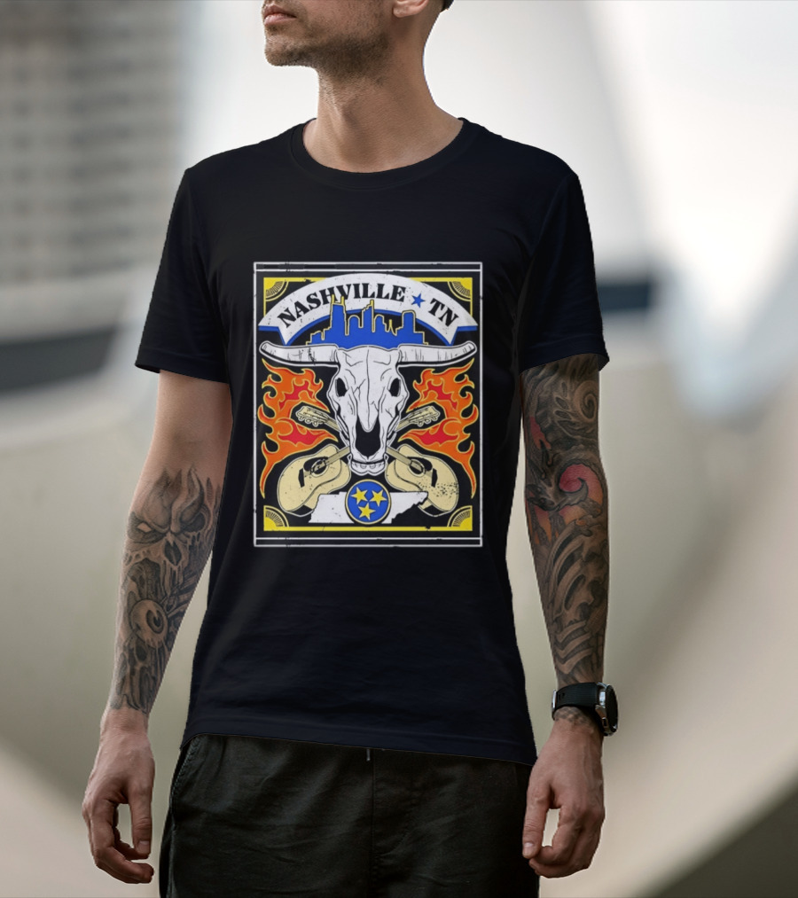 Nashville TN Cow Skull Guitars Flames Skyline Blue Star T-Shirt