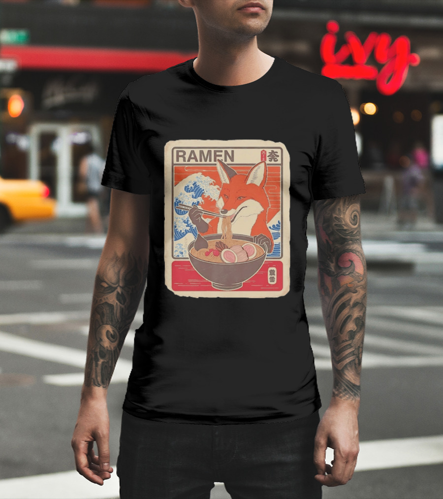 Fox Eating Ramen With Japanese Wave T-Shirt