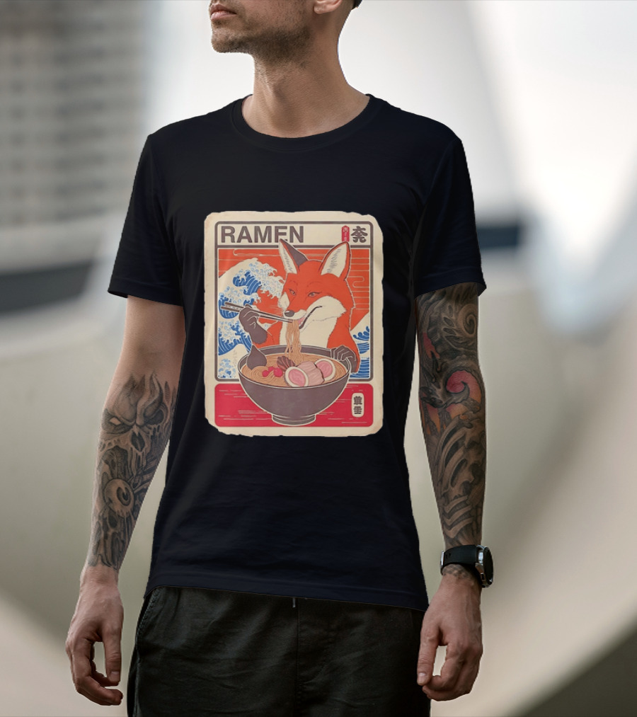 Fox Eating Ramen With Japanese Wave T-Shirt