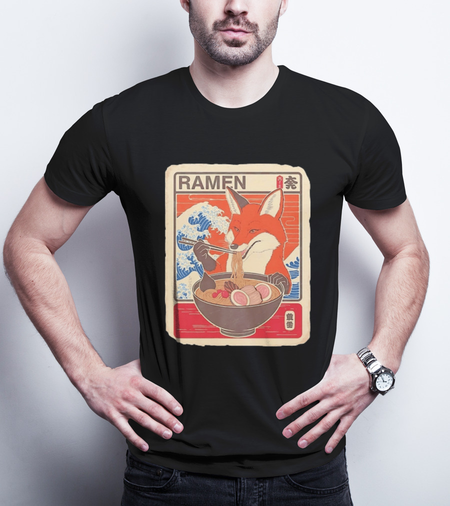Fox Eating Ramen With Japanese Wave T-Shirt