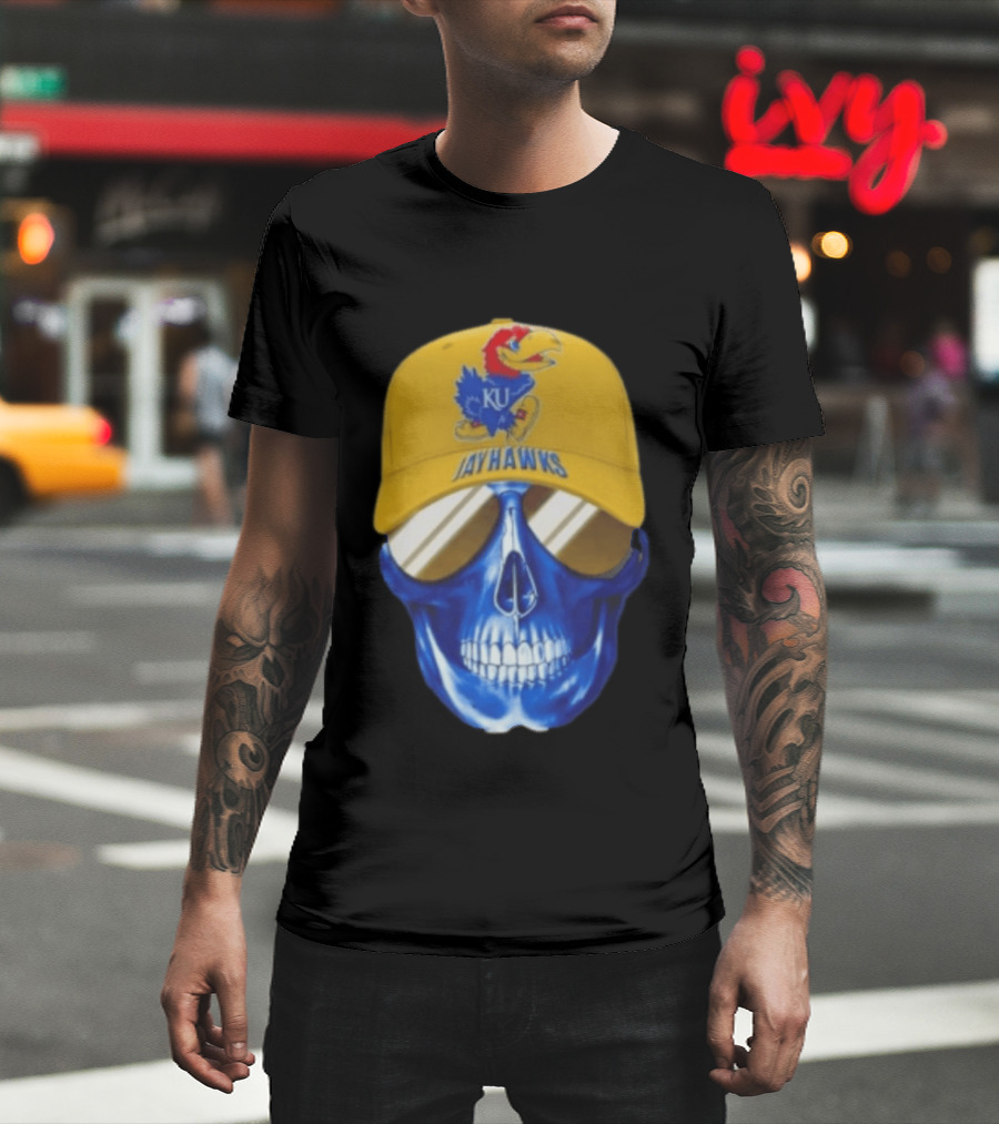 Kansas Jayhawks Skull Cap Fans Wear KU Jayhawks Edition T-Shirt