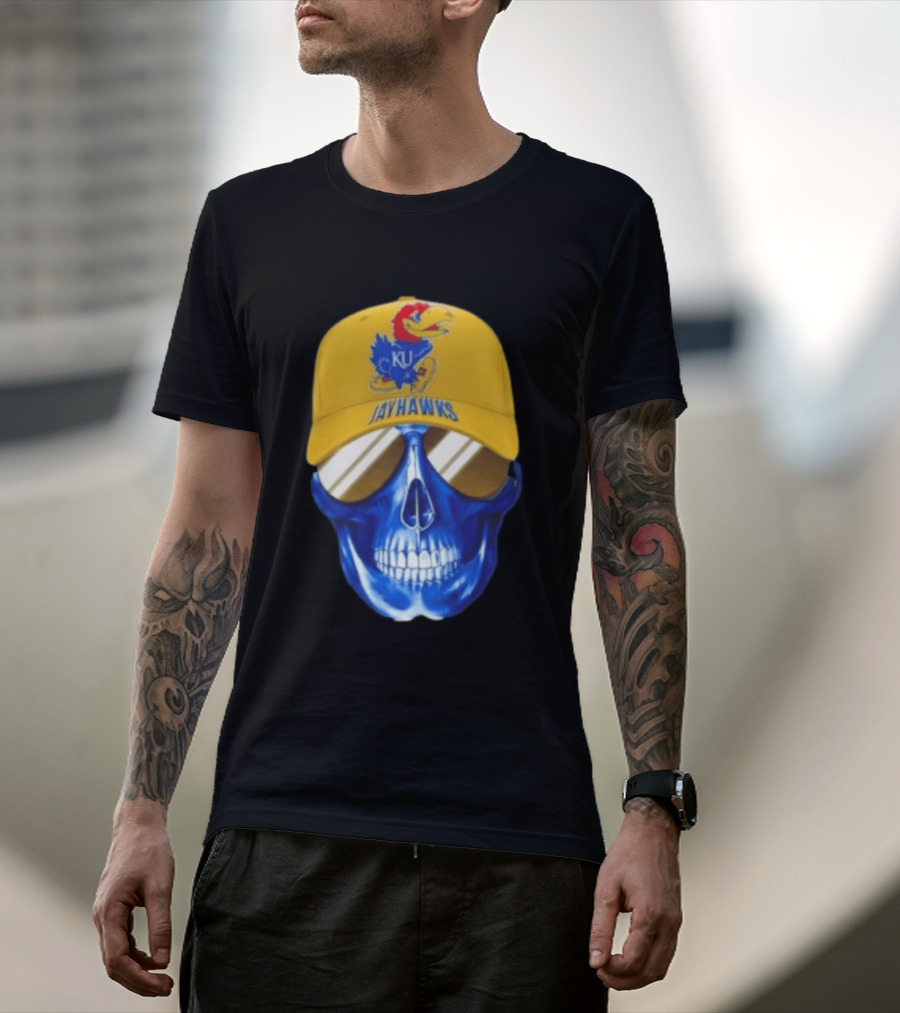 Kansas Jayhawks Skull Cap Fans Wear KU Jayhawks Edition T-Shirt