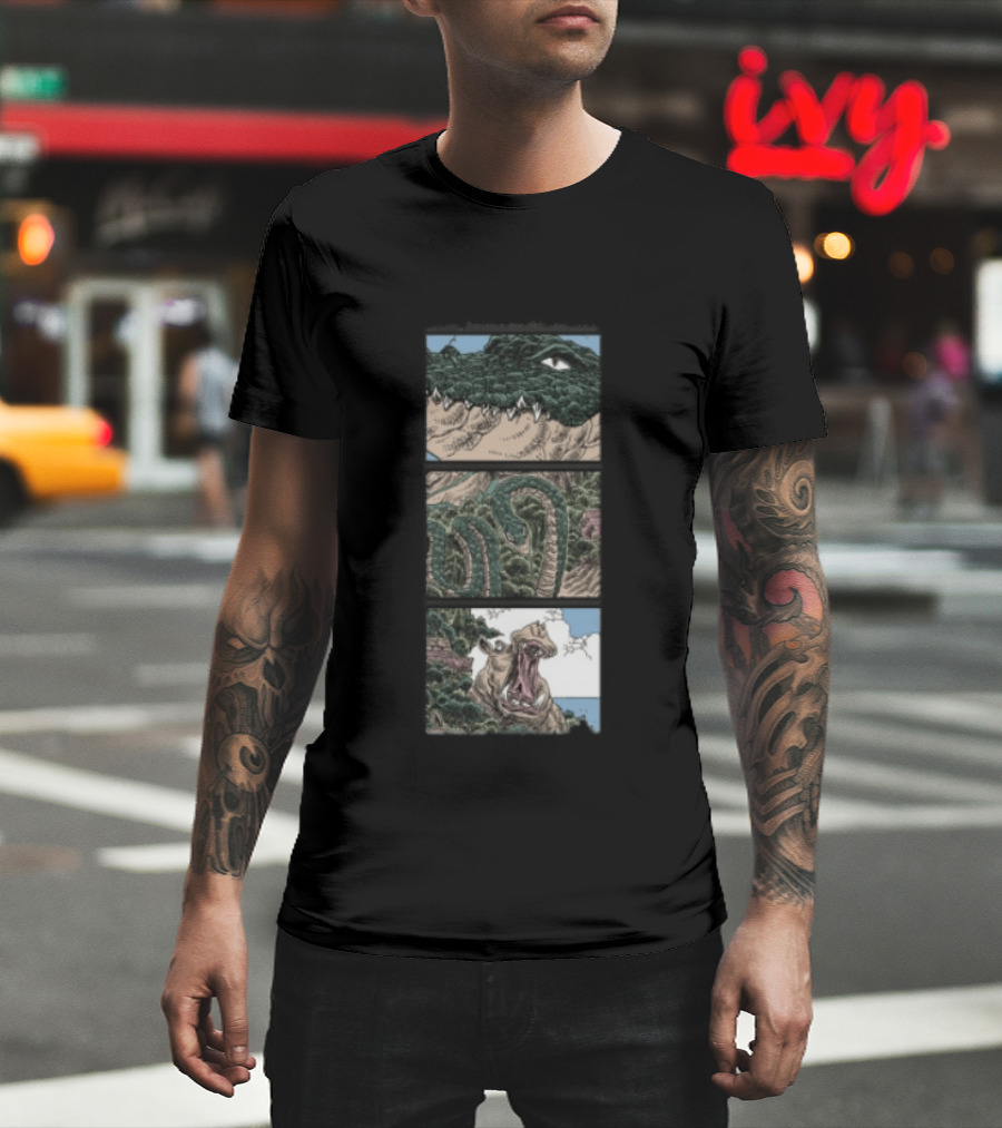 The Longest Johns Store Ends Of The Earth UK Tour Black Crocodile And Dinosaur Comic Strip T-Shirt