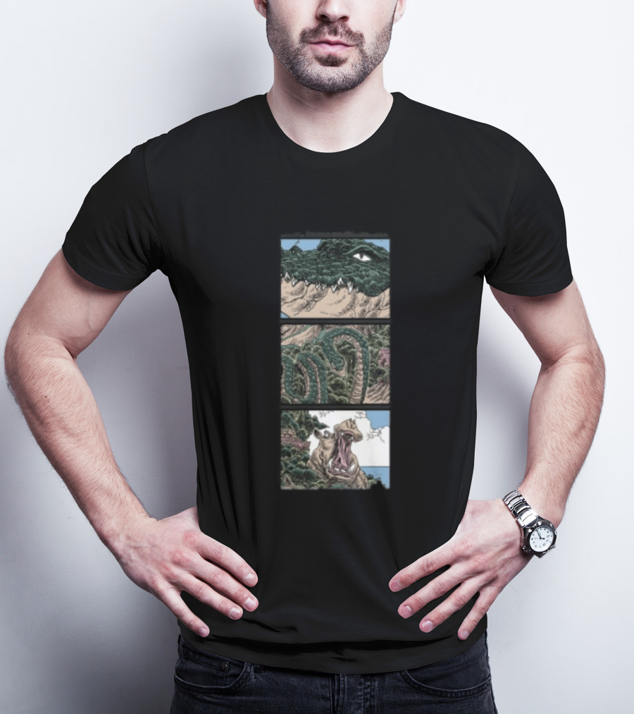 The Longest Johns Store Ends Of The Earth UK Tour Black Crocodile And Dinosaur Comic Strip T-Shirt