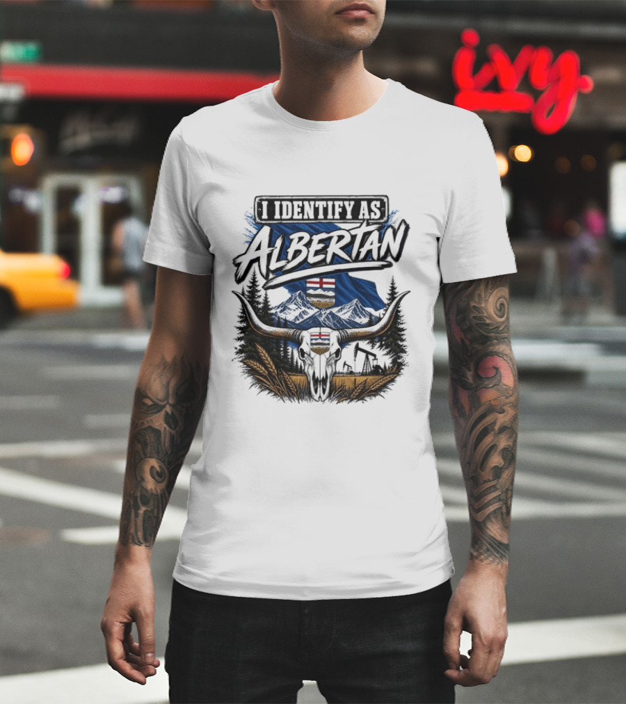 I Identify As Albertan Alberta Flag Longhorn Skull Wheat Forest Scene T-Shirt