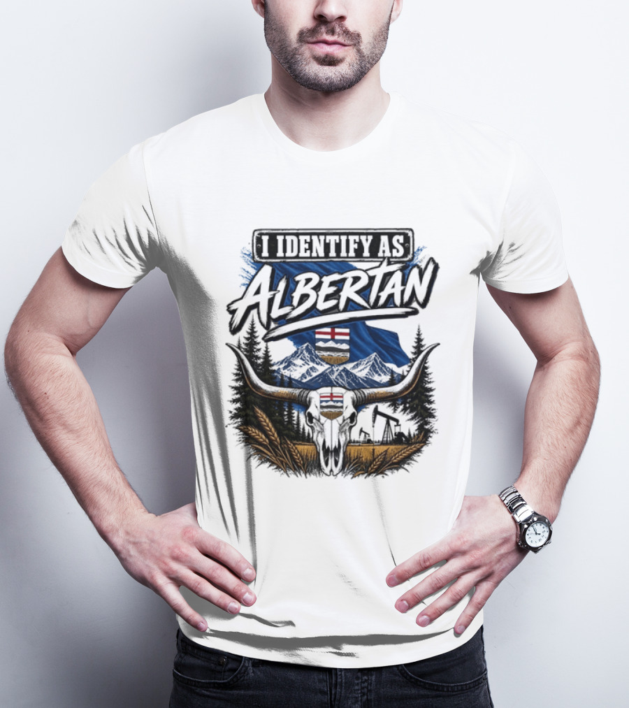 I Identify As Albertan Alberta Flag Longhorn Skull Wheat Forest Scene T-Shirt