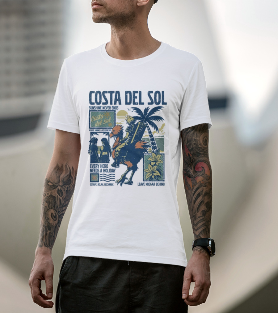 Costa Del Sol Final Fantasy Chocobo Beach Scene Palm Trees T-Shirt