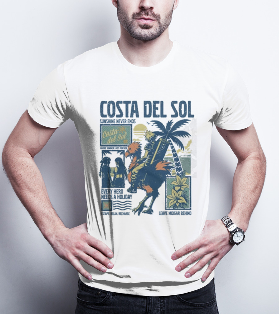Costa Del Sol Final Fantasy Chocobo Beach Scene Palm Trees T-Shirt