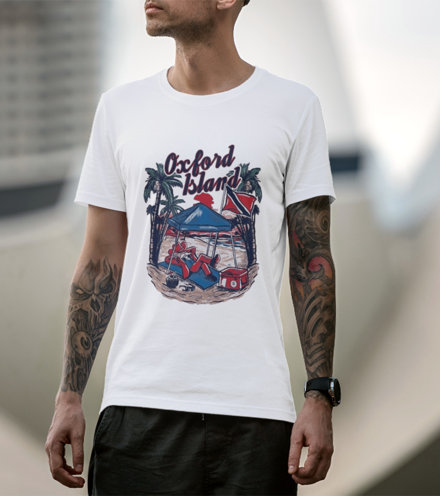 Oxford Island Beach Scene Palm Trees Camping Holiday Relaxation T-Shirt