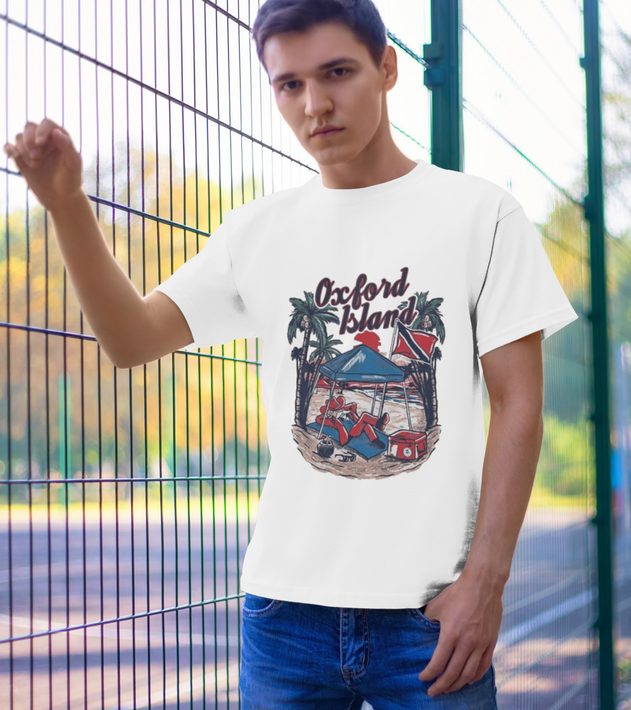 Oxford Island Beach Scene Palm Trees Camping Holiday Relaxation T-Shirt