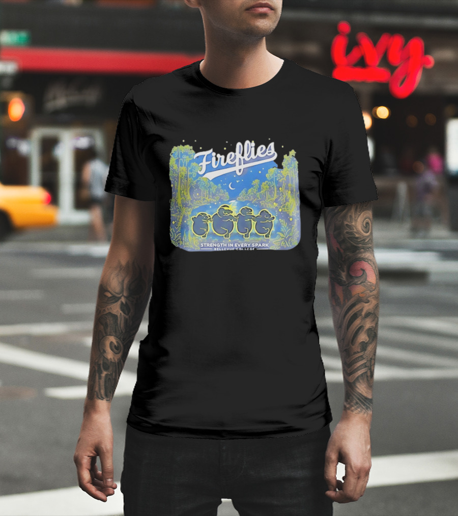 Fireflies Bellevue College Strength In Every Spark Under Night Sky T-Shirt