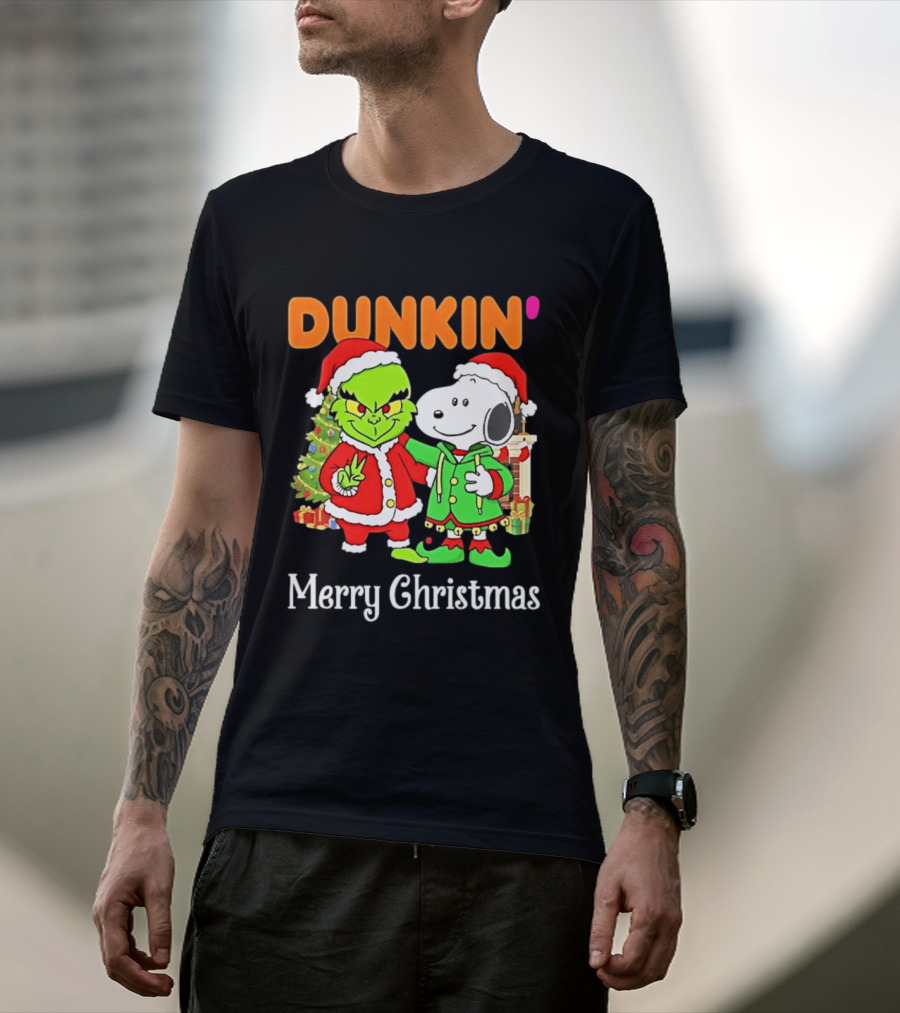 Dunkin Merry Christmas Grinch Snoopy Santas T-Shirt